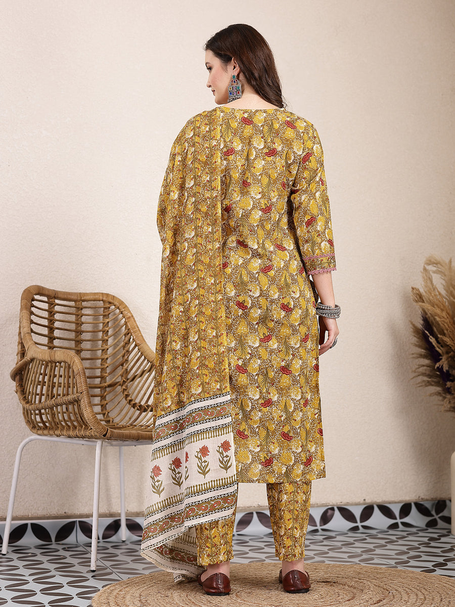 Women's Mustard Pure Cotton Lace Work On Yoke Straight Plus Size Kurta ...