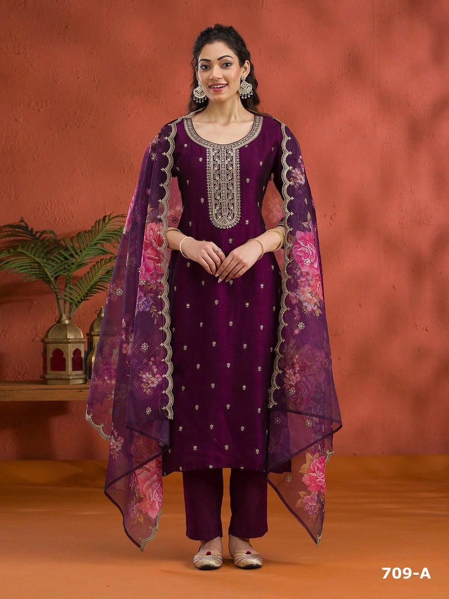 Women's Maroon Silk Embroidered Viscose Thread Jari Work Semi Stitched ...