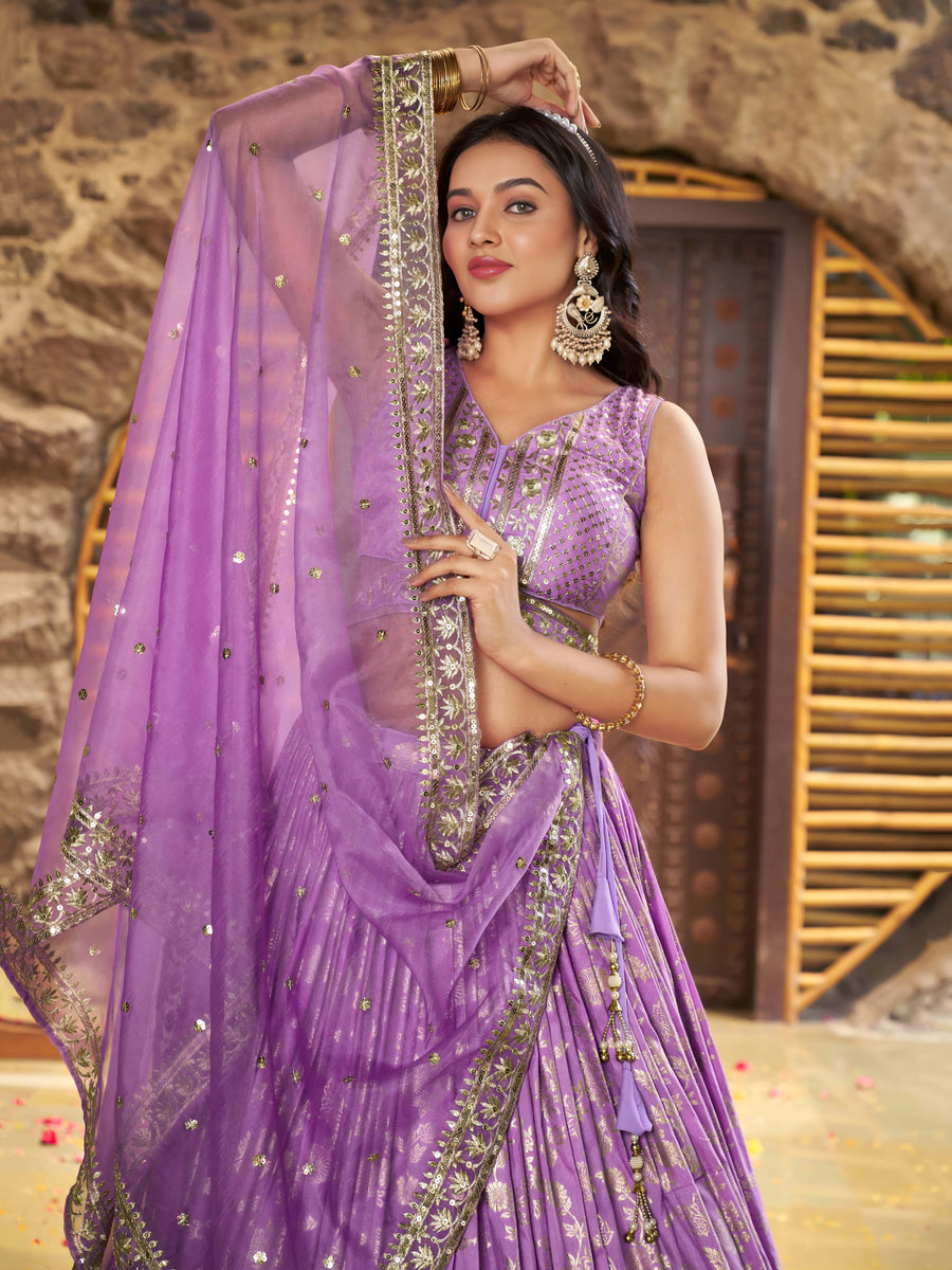 Women's Lavender Dola Silk Jacquard Embroidered Lehenga Set – Trendia