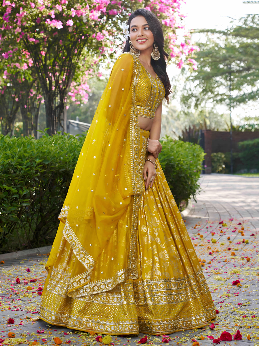 Women's Yellow Dola Silk Jacquard Embroidered Lehenga Set – Trendia