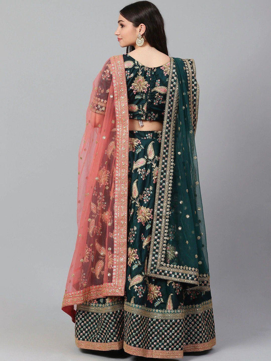 Women's Green Silk Embroidered Lehenga Set – Trendia