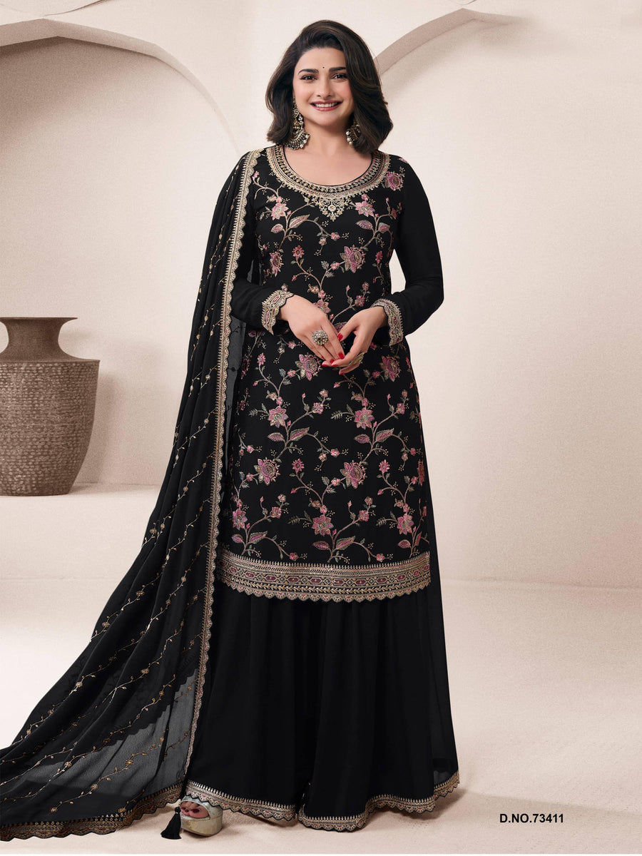 Women's Black Chiffon Embroidered Kurta Set – Trendia