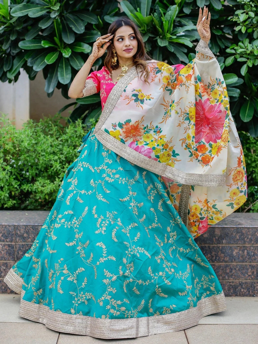Women's Green Silk Embroidered Lehenga Set – Trendia