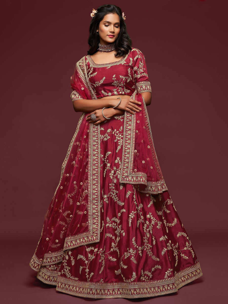 Women's Maroon Silk Embroidered Lehenga Set – Trendia
