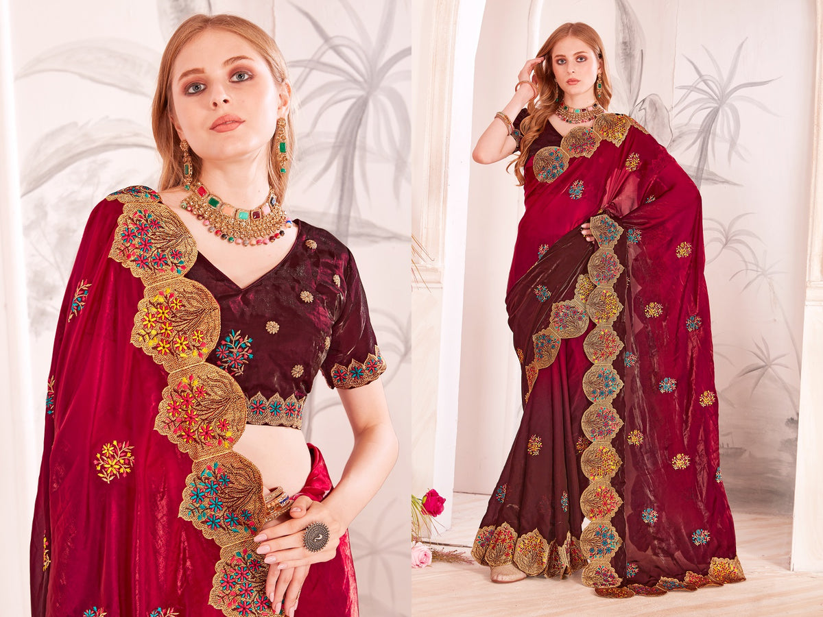 Women's Cherry Color Fendy Satin Silk Two Tone Shade Saree With Blouse ...