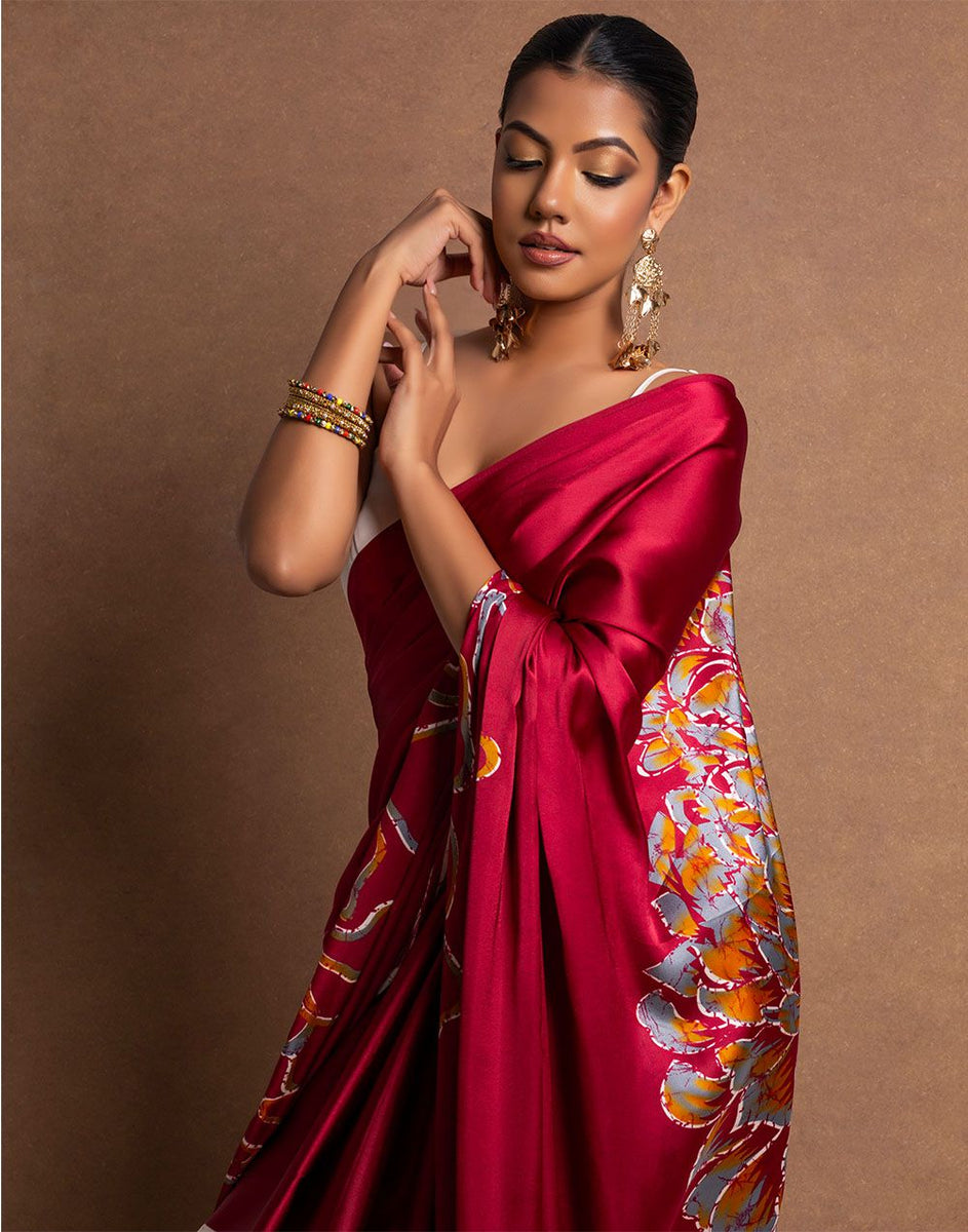 Women's Red Satin Screen Print Digital Print Saree – Trendia