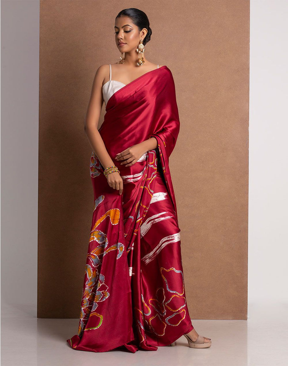 Women's Red Satin Screen Print Digital Print Saree – Trendia