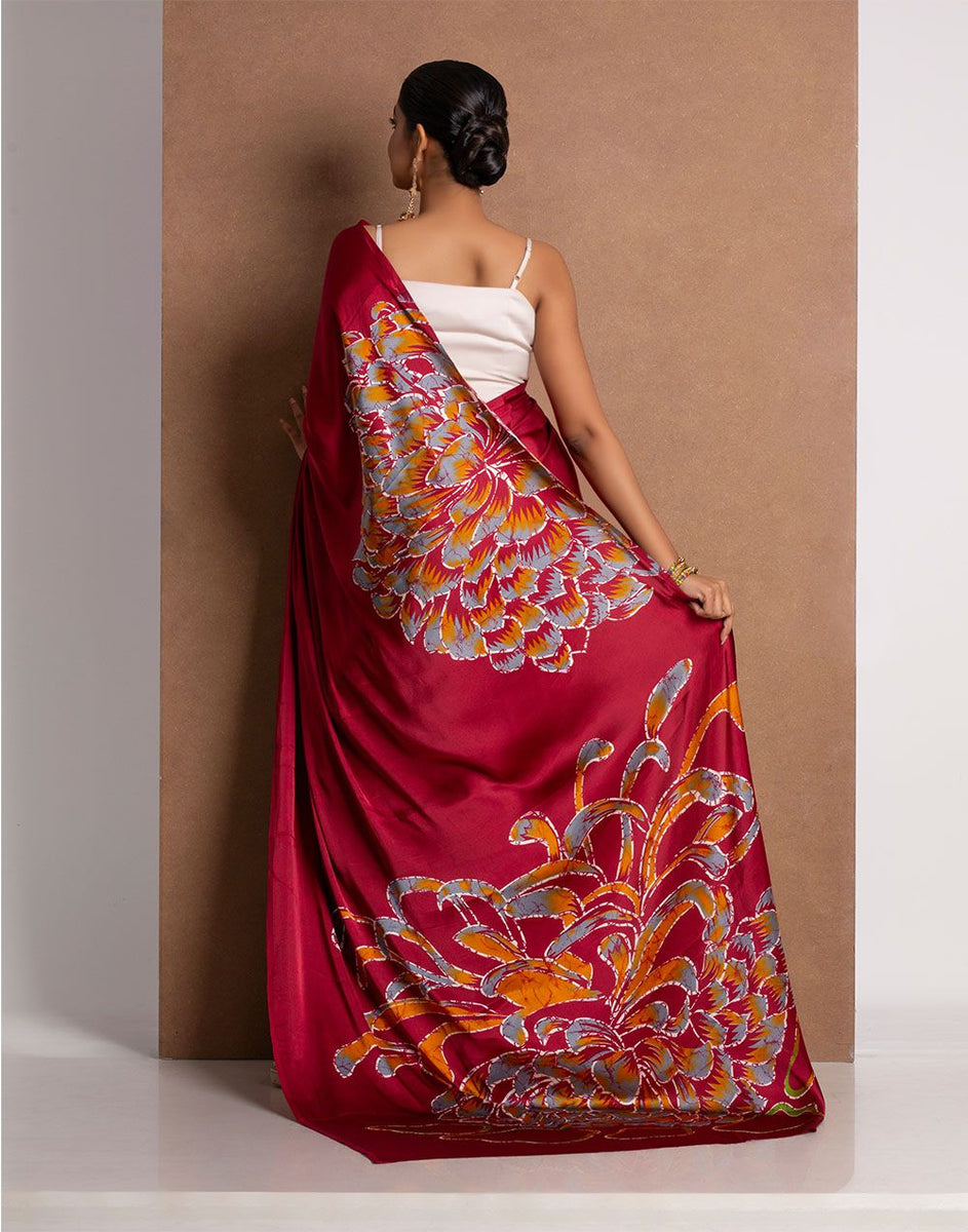 Women's Red Satin Screen Print Digital Print Saree – Trendia