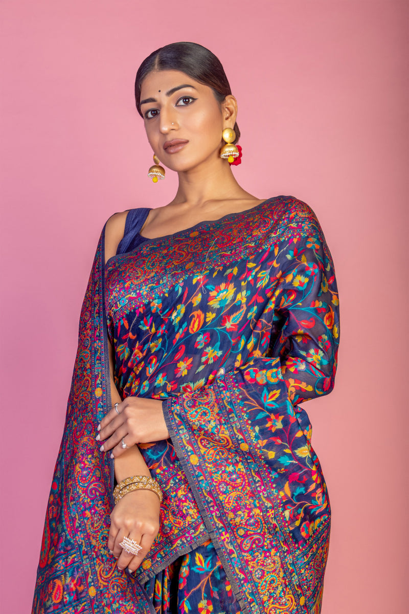 Women's Blue Kashmiri Pashmina Handloom Wevon Designer Saree – Trendia