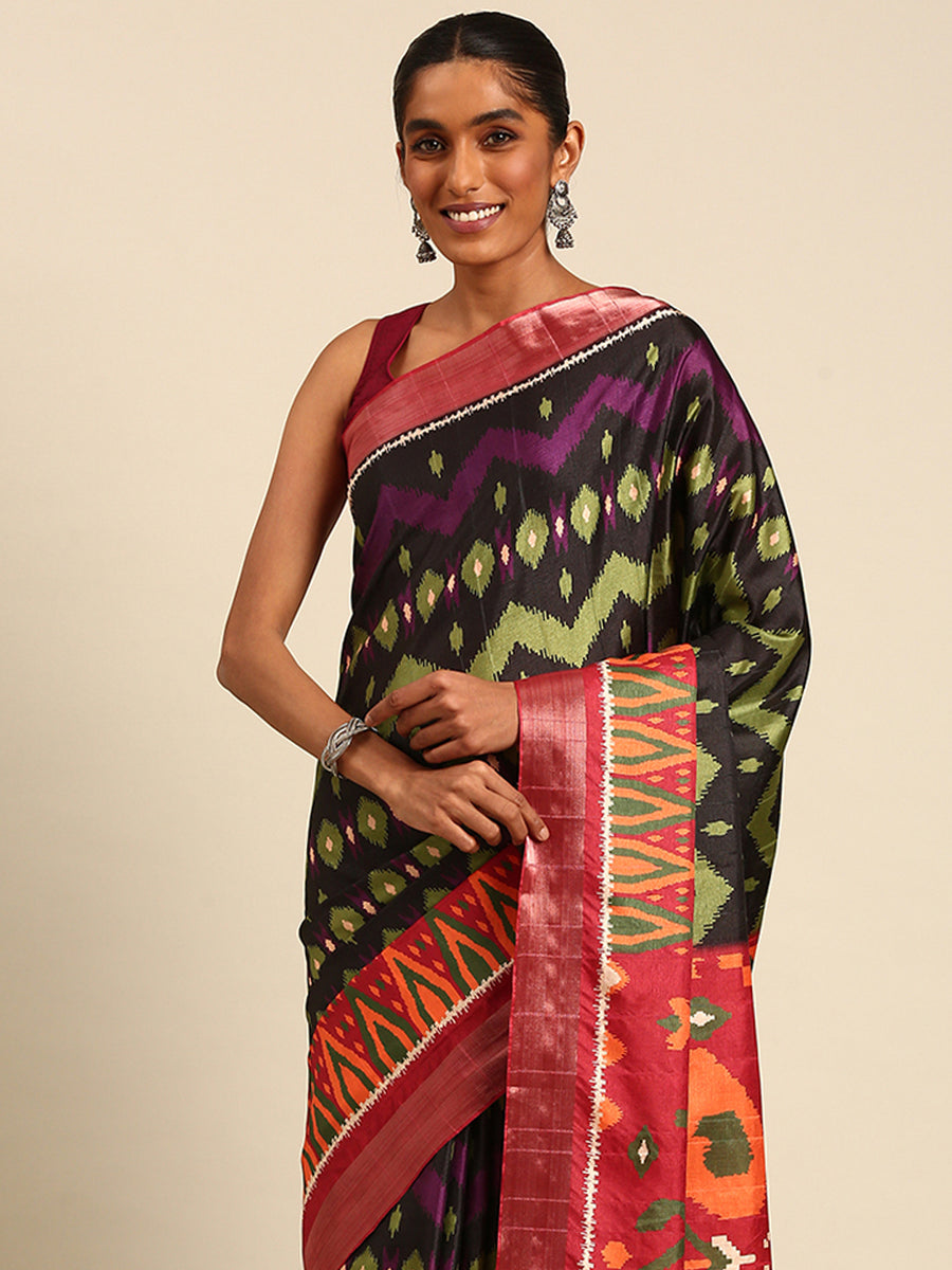 Women's Black Cotton Wevon Designer Border,Digital Printed Saree - Pan ...