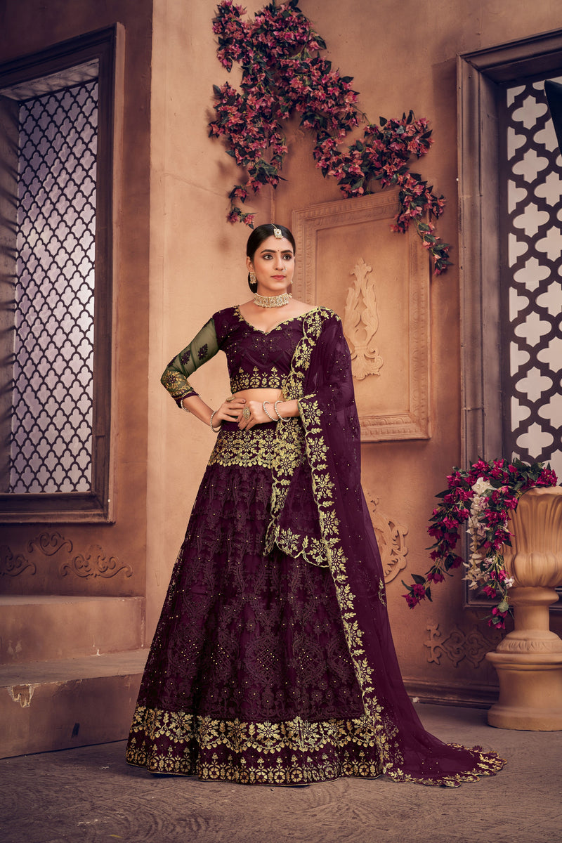 Women's Purple Color Net Fabric Designer Embroidery Work Girlie Brides ...