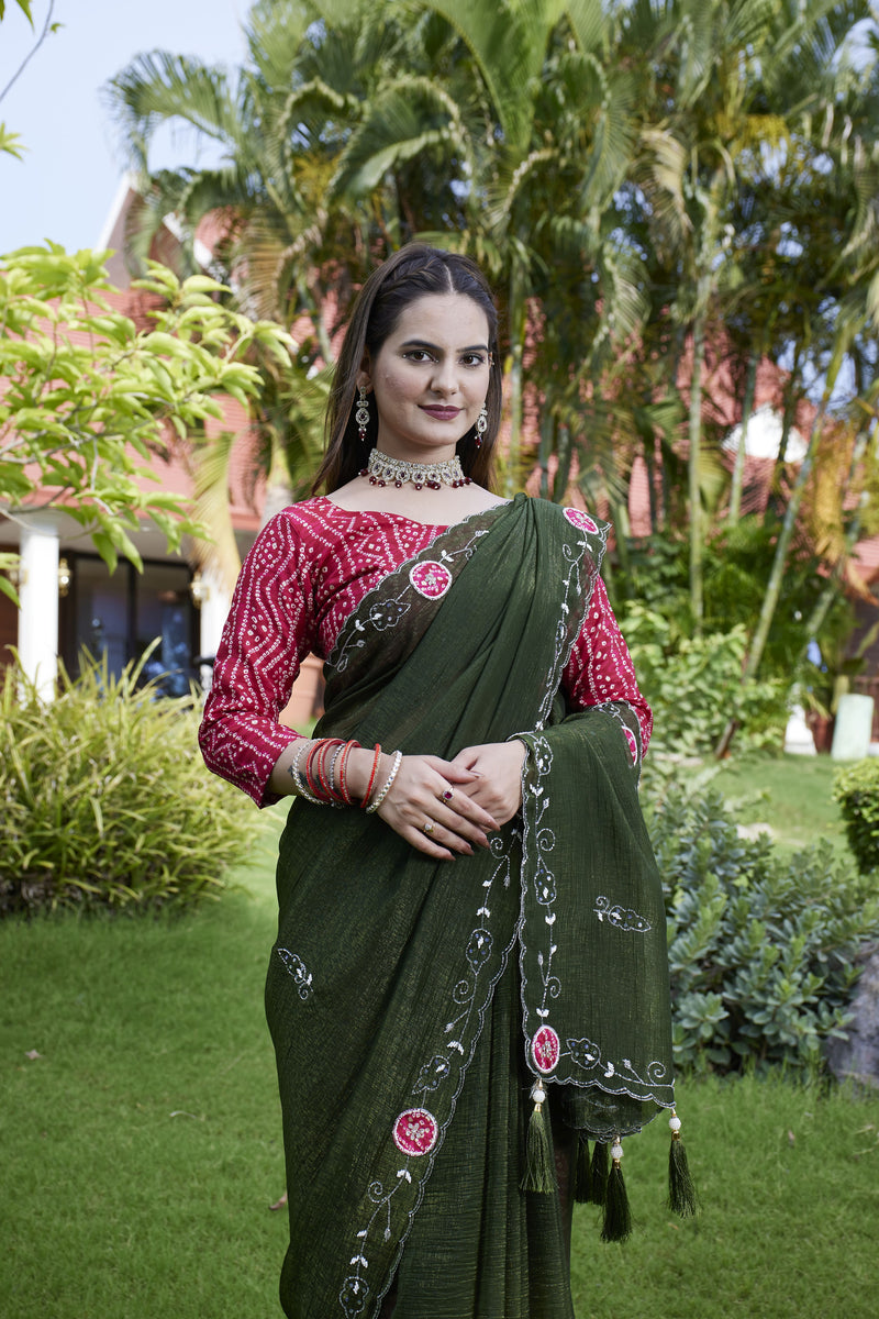 Women's Green Petch,Jardosi,Diamond Hand Work Chiffon Saree With Blous ...