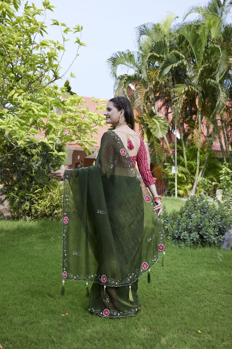 Women's Green Petch,Jardosi,Diamond Hand Work Chiffon Saree With Blous ...