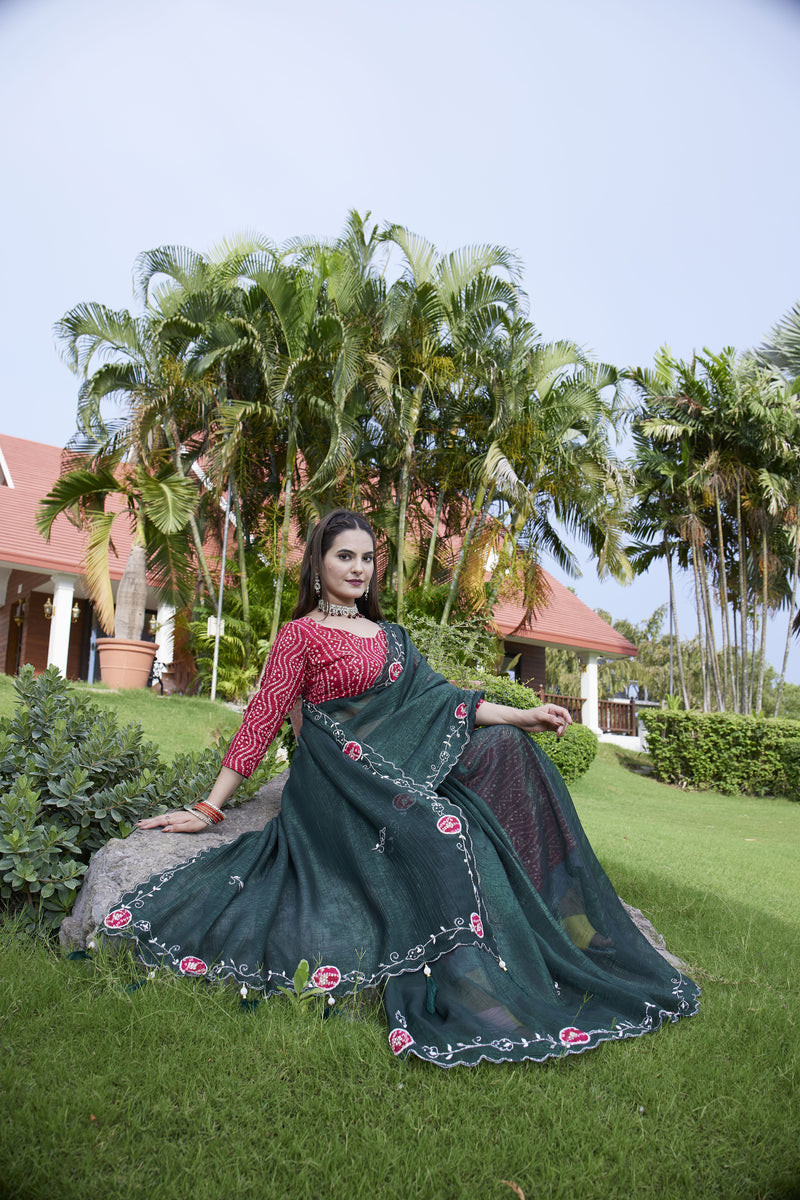 Women's Green Petch,Jardosi,Diamond Hand Work Chiffon Saree With Blous ...