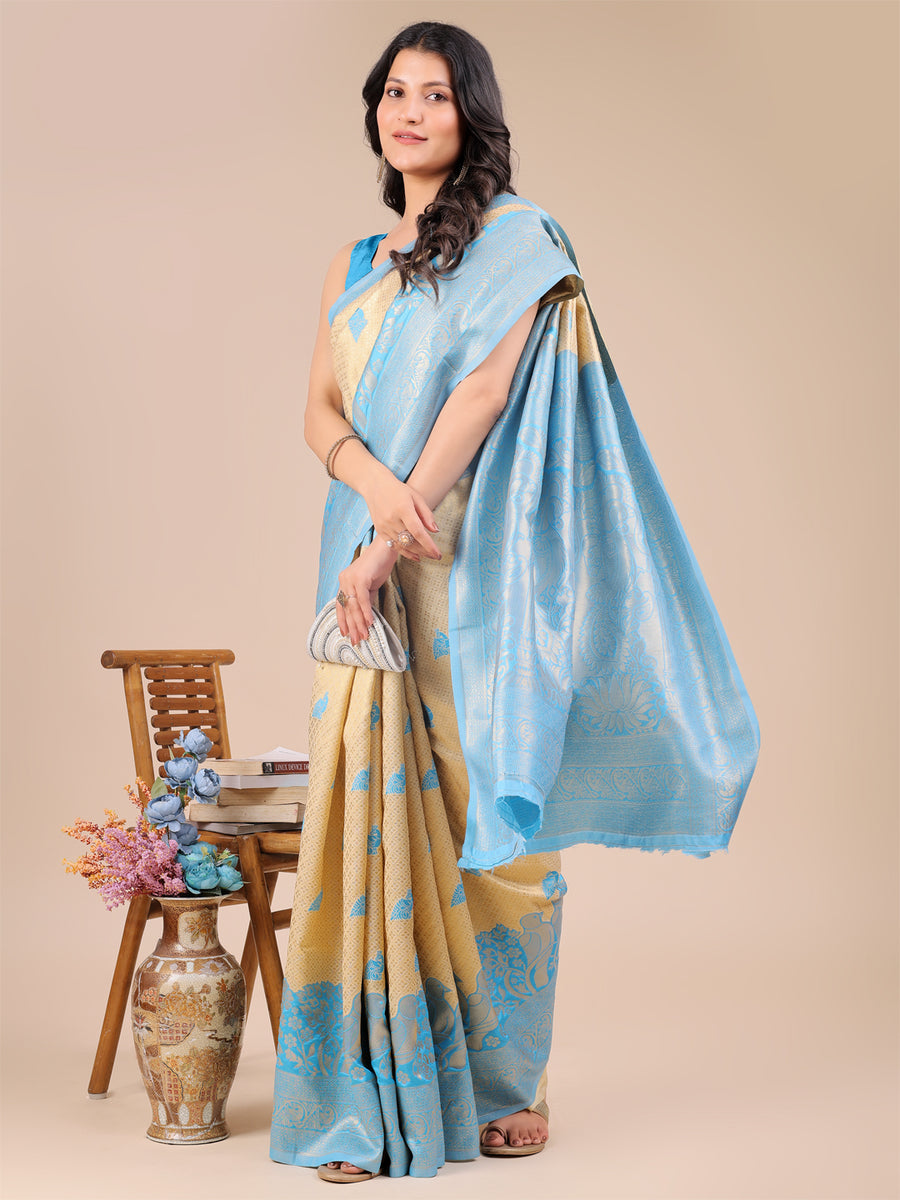 Women's Sky Blue Wevon Jacquard Designer Banarasi Silk Saree With Blou ...