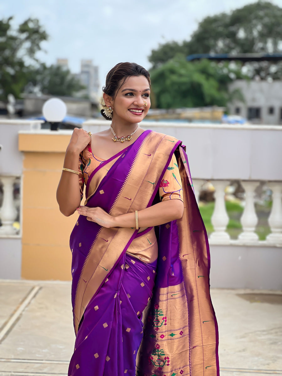 Women's Magenta Paithani Silk Woven Jacquard Jari Designer Ethnic Sare ...