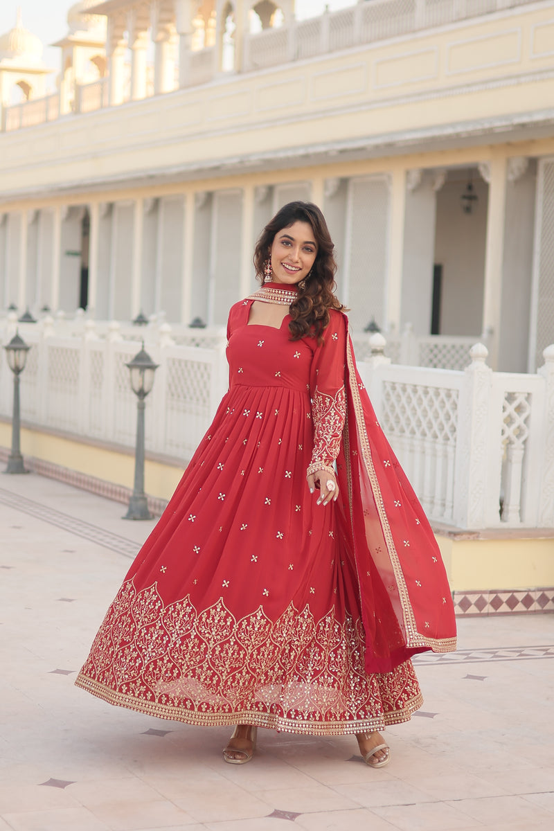 Women's Rani Pink Faux Georgette Sequins Embroidered Anarkali Dress Wi ...