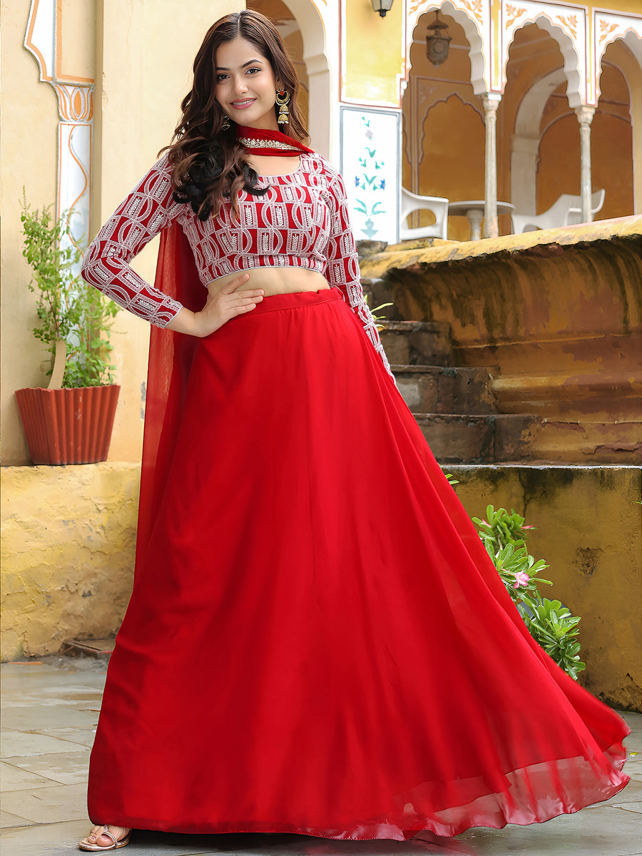 Women's Red Georgette Thread And Sequins Embroidery Work Lehenga Sets ...