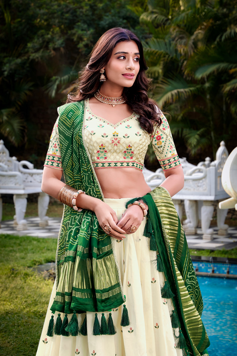 Women's Off White Khadi Cotton Sequins And Thread Embroidery Work Lehe ...