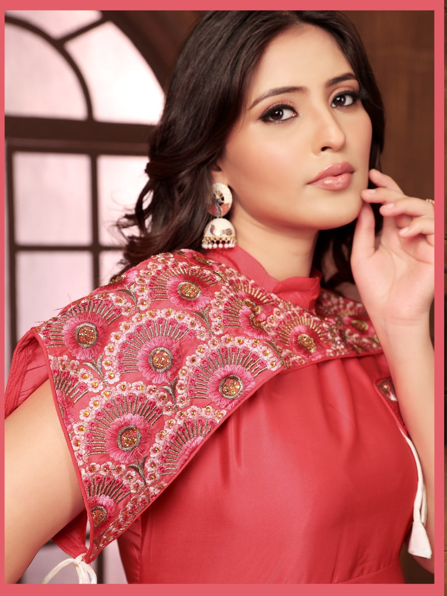 Women's Orange Triva Silk Heavy Embroidery Gown With Attached Inner ...