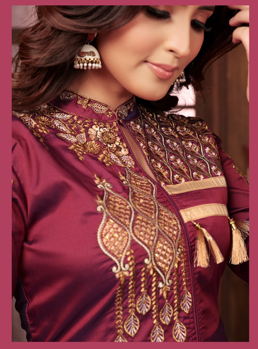 Women's Wine Triva Silk Heavy Embroidery Gown With Attached Inner - Dw ...