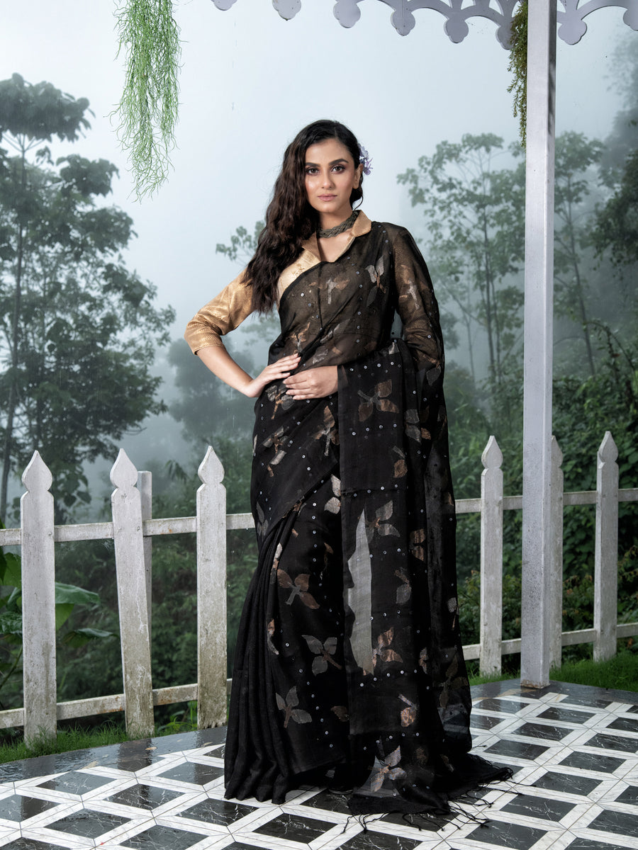 Women's Traditional Black Matka Silk Sequin Soft Jamdani Saree – Trendia