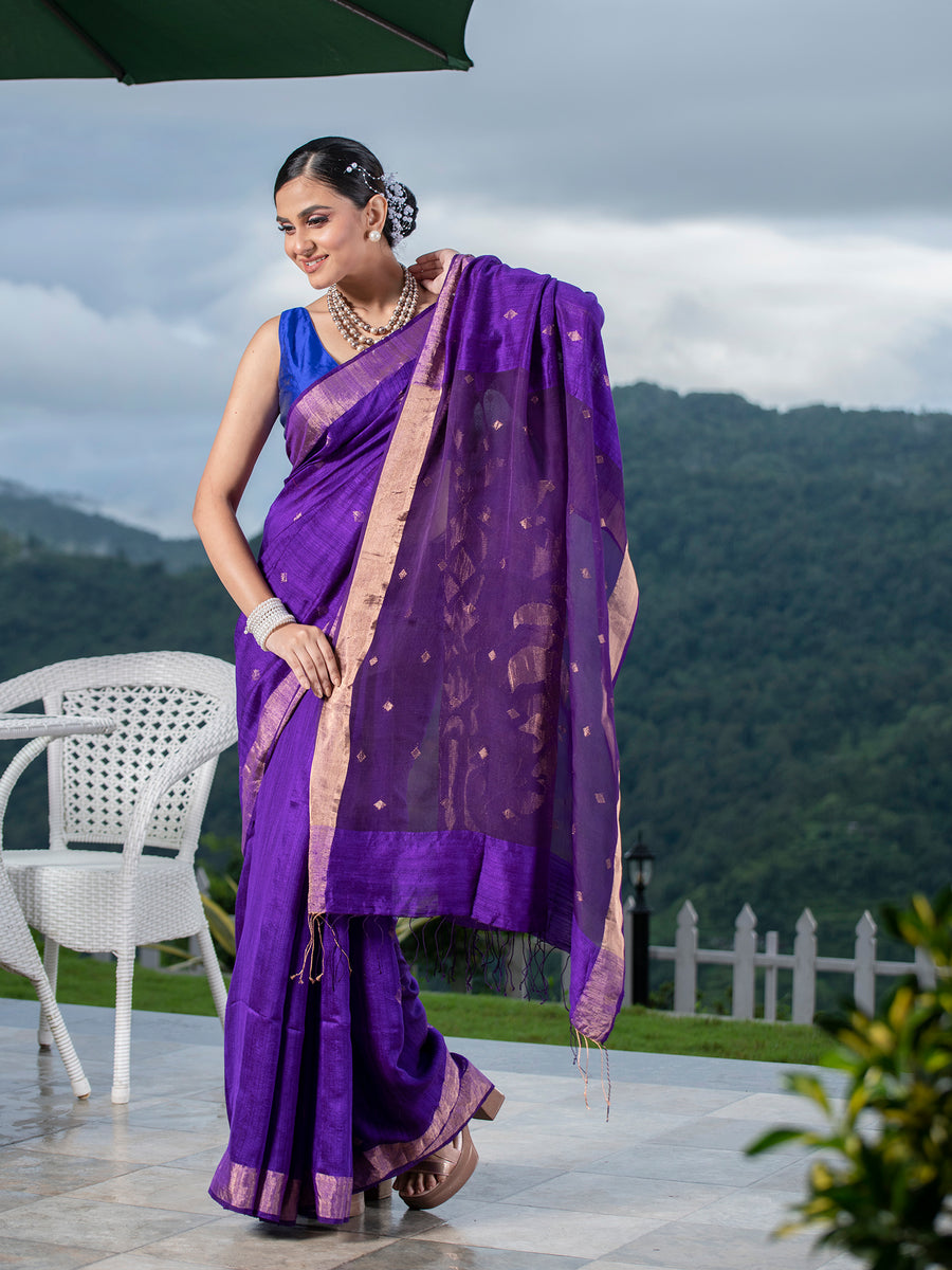 Women's Purple Matka Silk Light Golden Border Handwoven Saree – Trendia