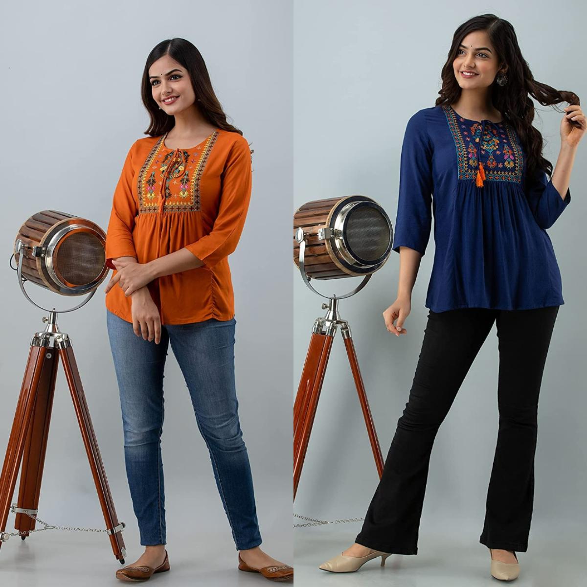 Womens Orange Rayon Embroidered Tops - Noor Startup – Trendia