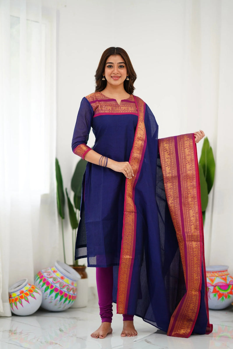 Women's Blue Cotton Jari Weaving Kurta Set – Trendia