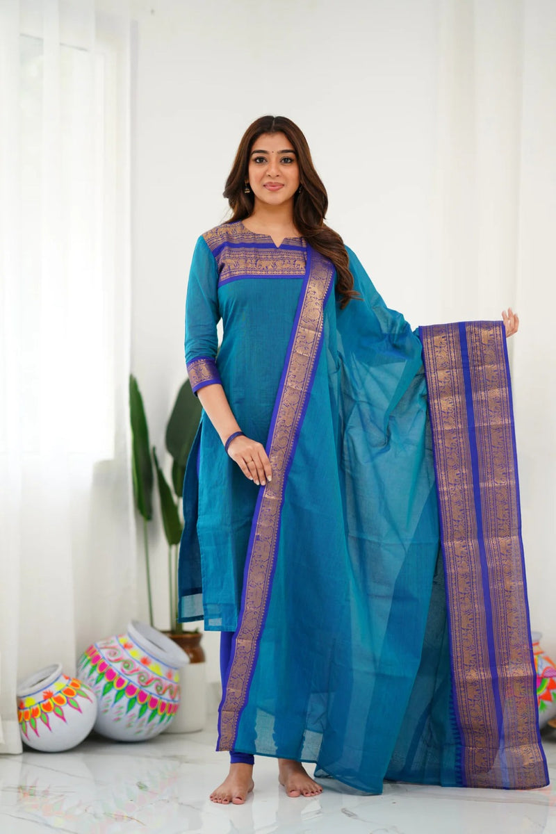 Women's Sky Blue Cotton Jari Weaving Kurta Set - Dwija Fashion – Trendia