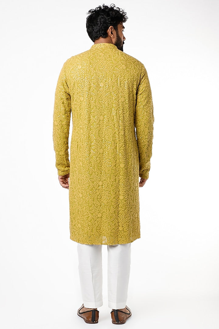 Men's Mustard Color Viscose Georgette Embroidery Kurta Pajama Set – Trendia