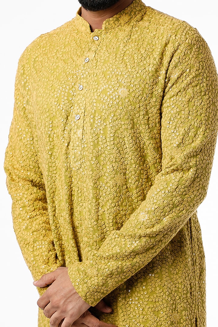 Men's Mustard Color Viscose Georgette Embroidery Kurta Pajama Set – Trendia