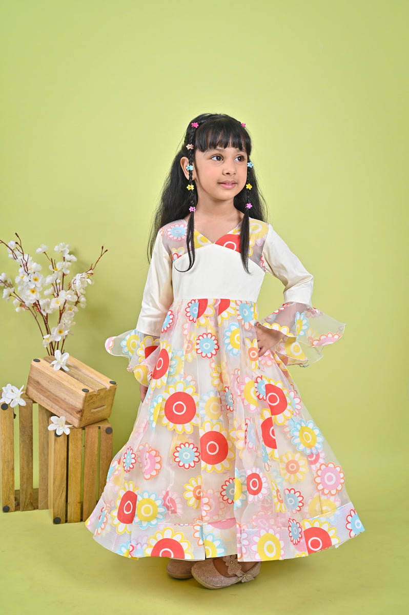 Girl's Multi Color Organza Printed Gown - Deserving Style – Trendia