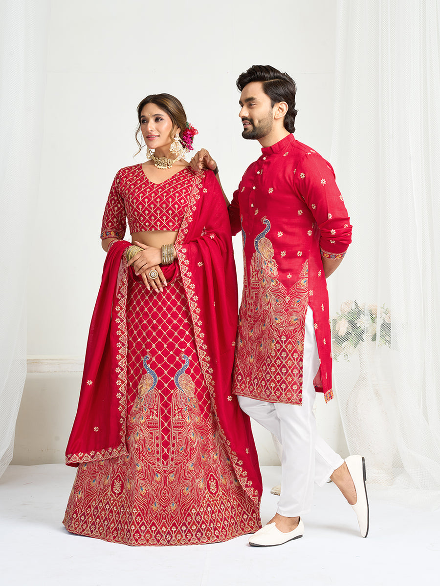 Women's Pink Embroidered Lehenga & Matching Men's Kurta Set Couple Com ...