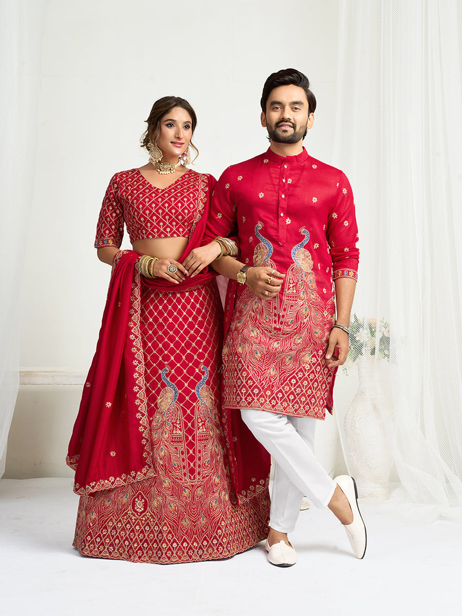 Women's Pink Embroidered Lehenga & Matching Men's Kurta Set Couple Com ...