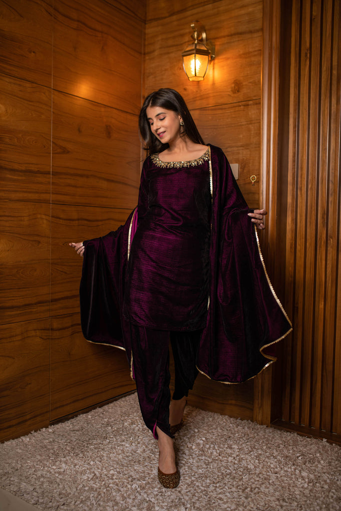 Women's Wine Velvet Dhoti With Hand Work – Trendia