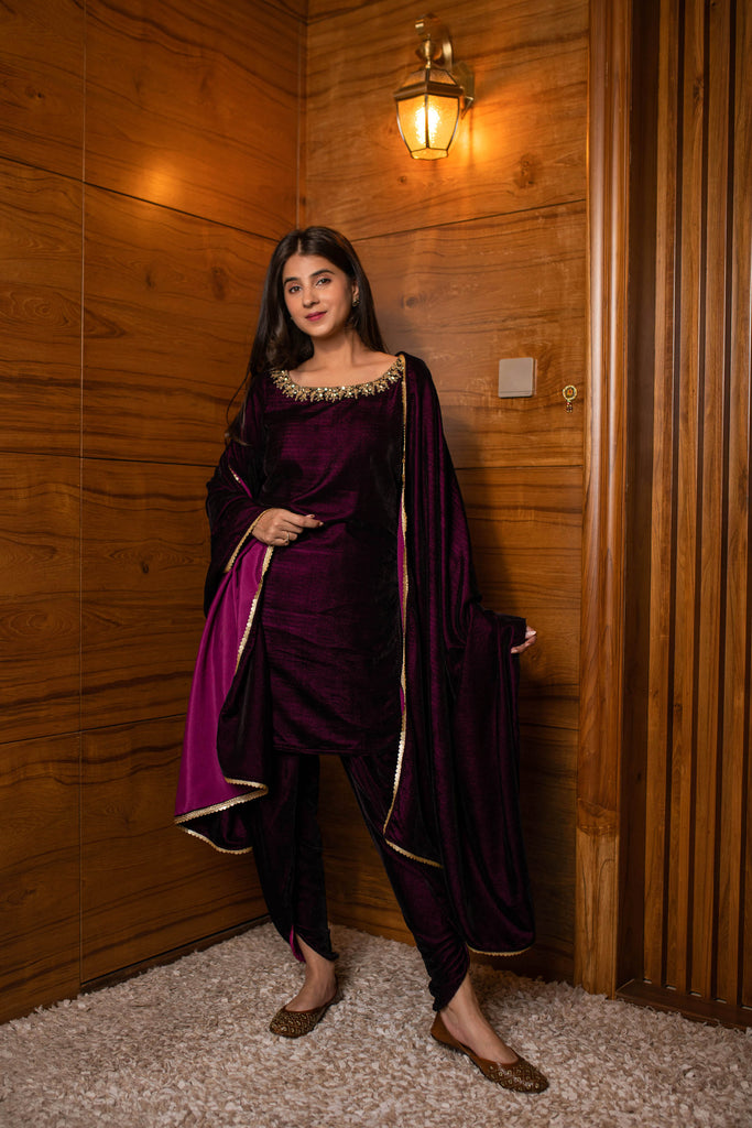 Women's Wine Velvet Dhoti With Hand Work – Trendia
