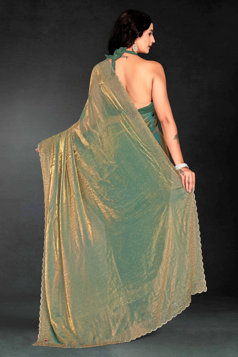 Women's Ice Blue Color Fendy Silk Zircon Cutdana Work Saree With Blous ...