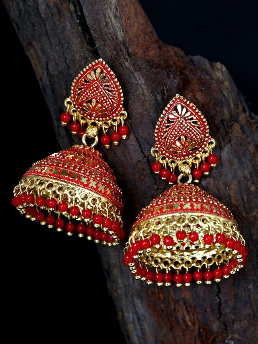 Women's Gold Plated & Red Dome Shaped Enamelled Jhumkas – Trendia
