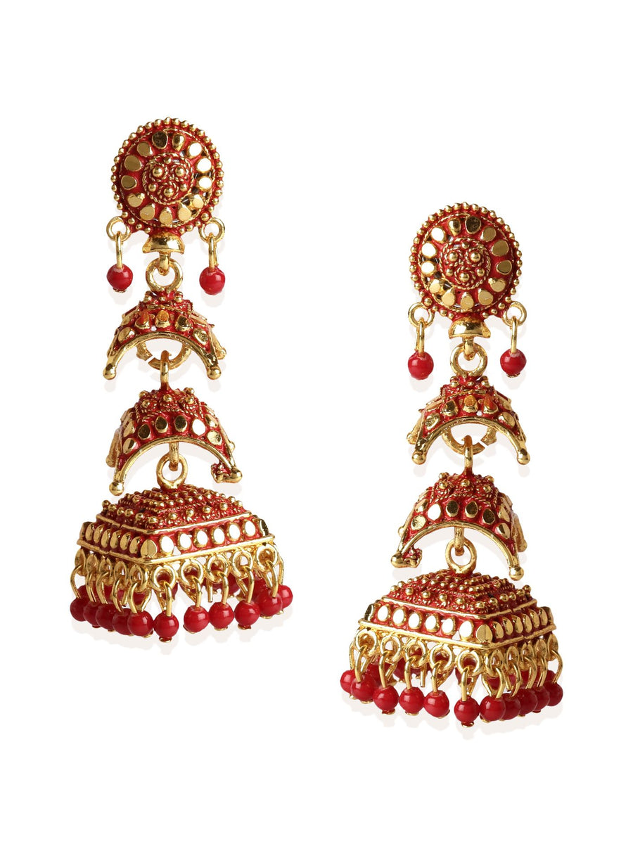 Women's Gold Plated Red Dome Shaped Enamelled Jhumkas – Trendia
