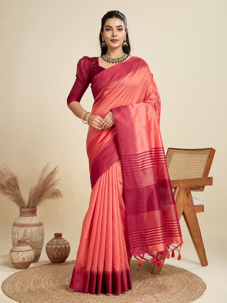 Women's Gajri Raw Silk Saree With Stripted Woven Pallu – Trendia