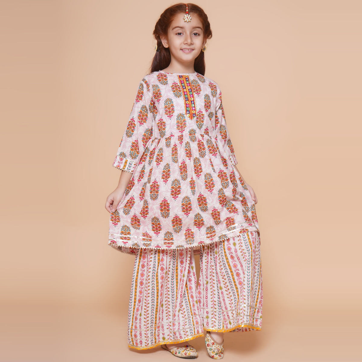 Girl's Pink Cotton Printed Kurta Set – Trendia