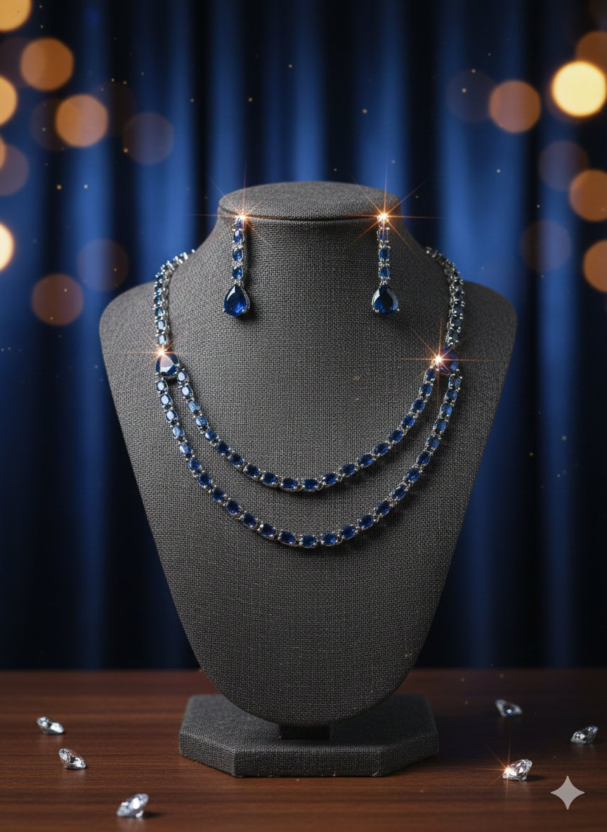 Women's Blue American Diamond With Earrings Jewellery Necklace Set For ...