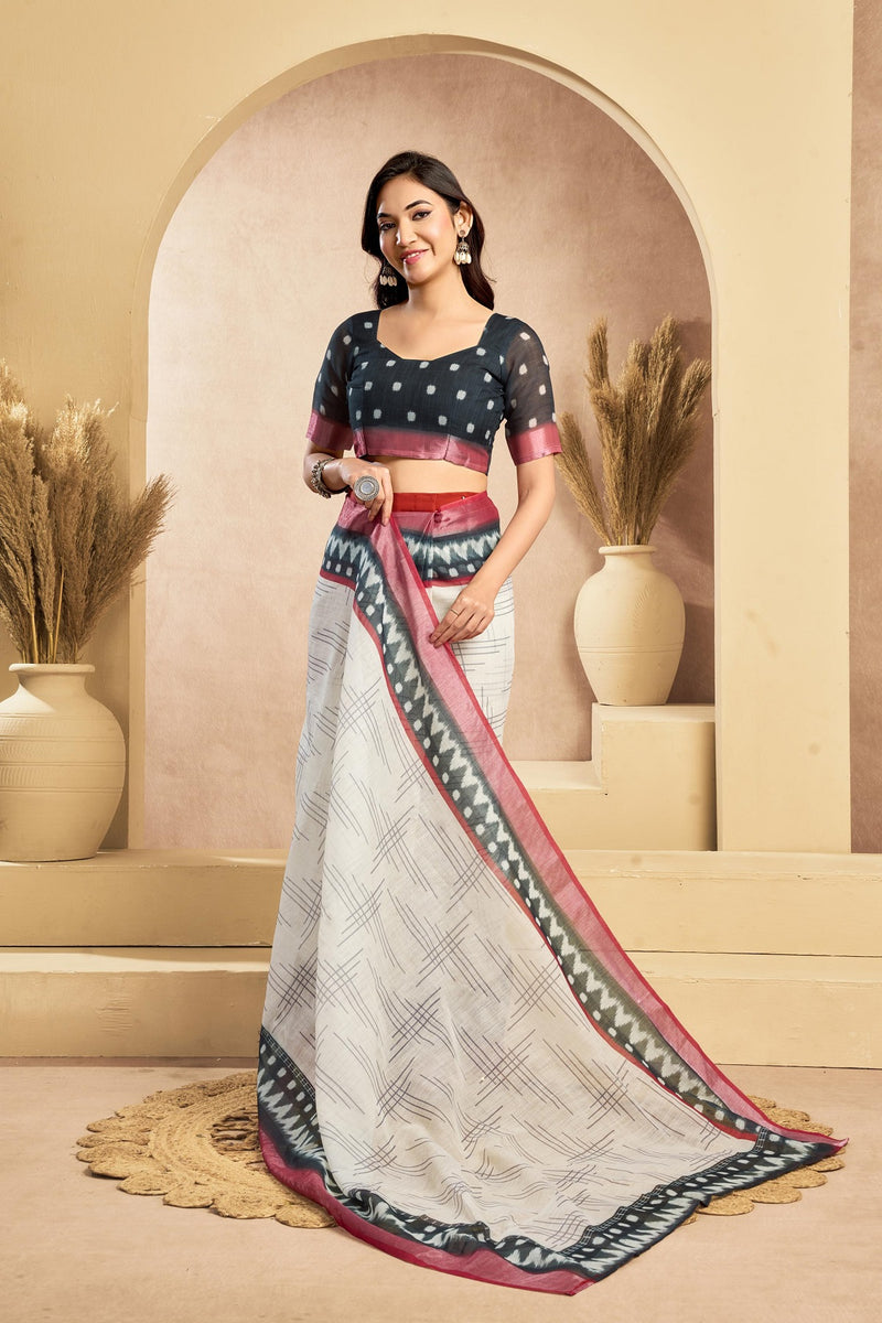 Women's White And Black Ready To Wear Linen Printed Pocket Saree With ...