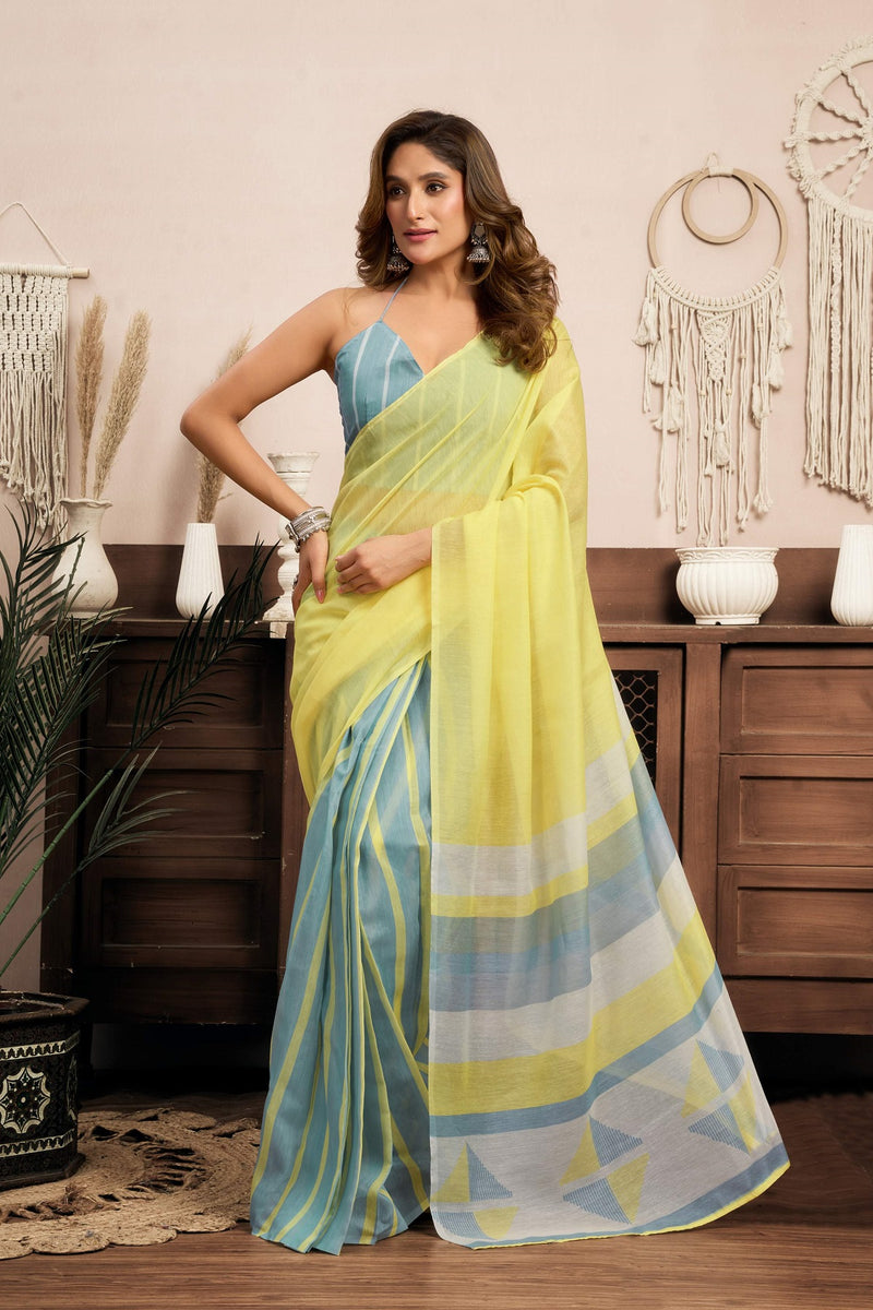 Women's Sky Blue And Yellow Ready To Wear Linen Printed Pocket Saree W ...
