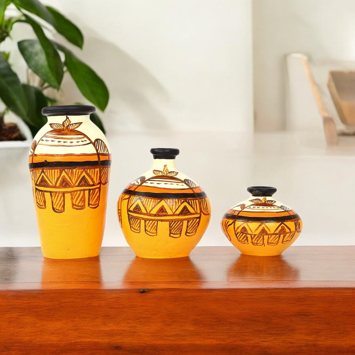Handcrafted Orange and yellow Terracotta Pots for Home Decor - Set of ...