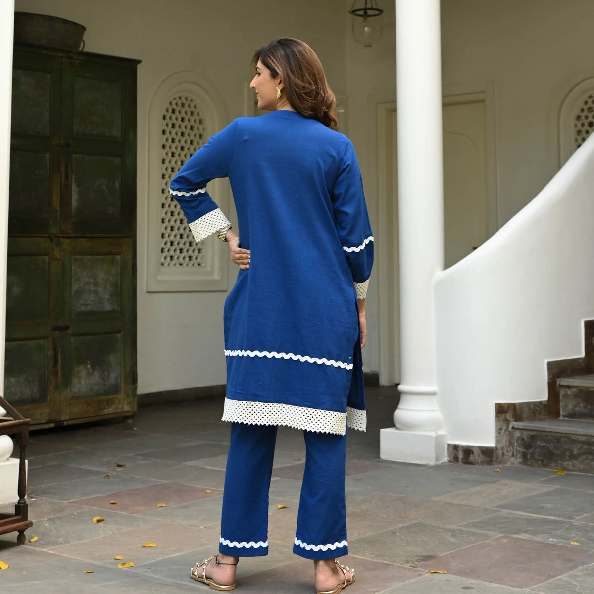 Women's Blue Cotton Lace Kurta Set – Trendia