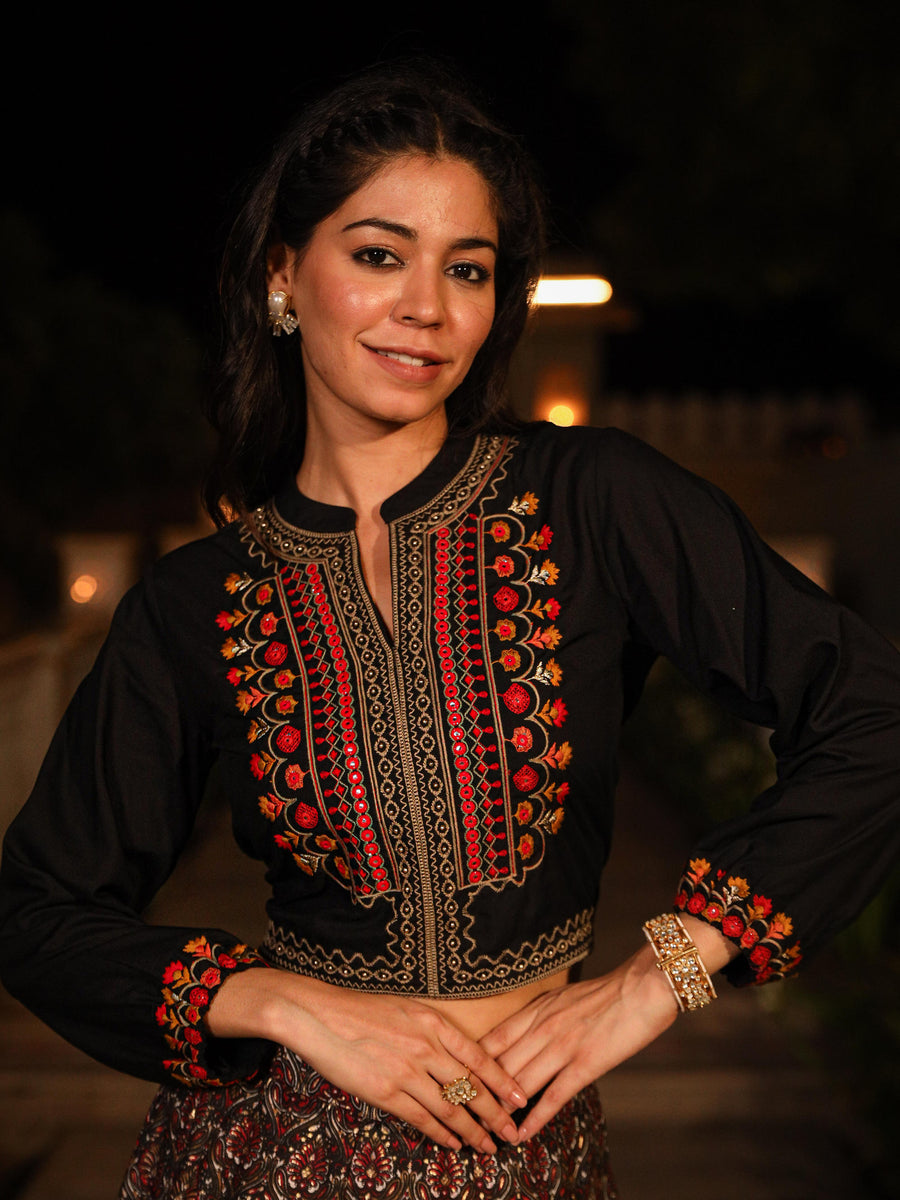 Women's The Rekha Chitra Black Thread Embroidered Rayon Top & Printed ...