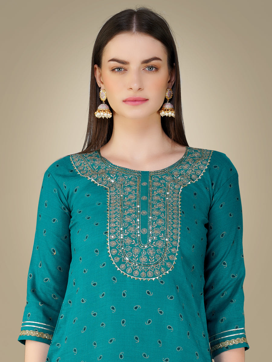 Women's Rama Cotton Magic Slub Embroidery & Sequence Work Kurta With T ...