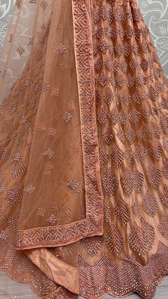 Women's Peach Bridal Net Fancy Dori & Multi Thread Embroidered With Zi ...